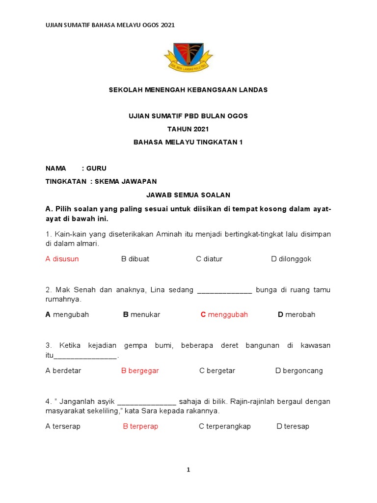 Ujian Sumatif Bahasa Melayu Tingkatan 1 | PDF