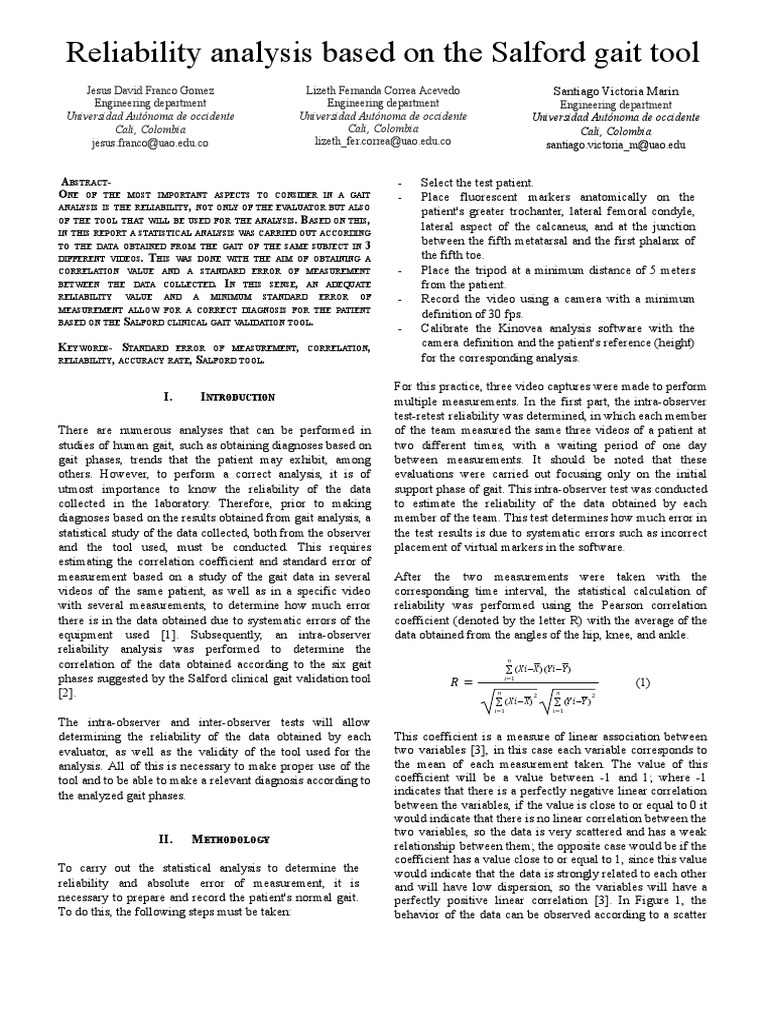 Reliability Analysis Based On The Salford Gait Tool | PDF | Statistics
