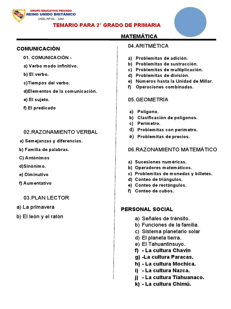 TEMARIO 2DO. PRIMARIA - (2) XX | PDF | Matemáticas
