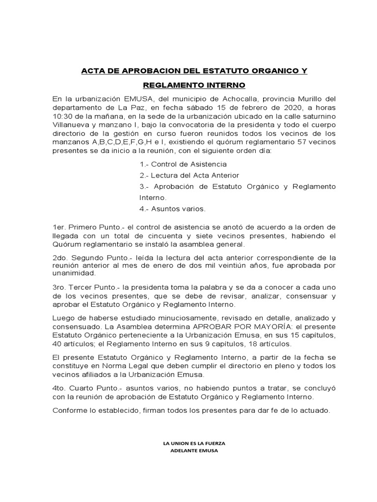 Acta de Aprobacion de Estatutos y Reglamento | PDF | Quórum | Reuniones