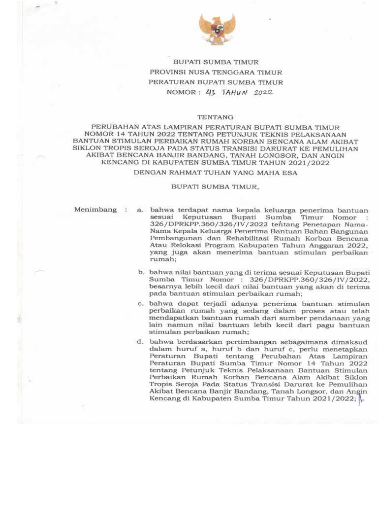 Perbub No. 43 Tahun 2022 Tentan Perubahan Atas Perbub 14 Tahun 2022 | PDF