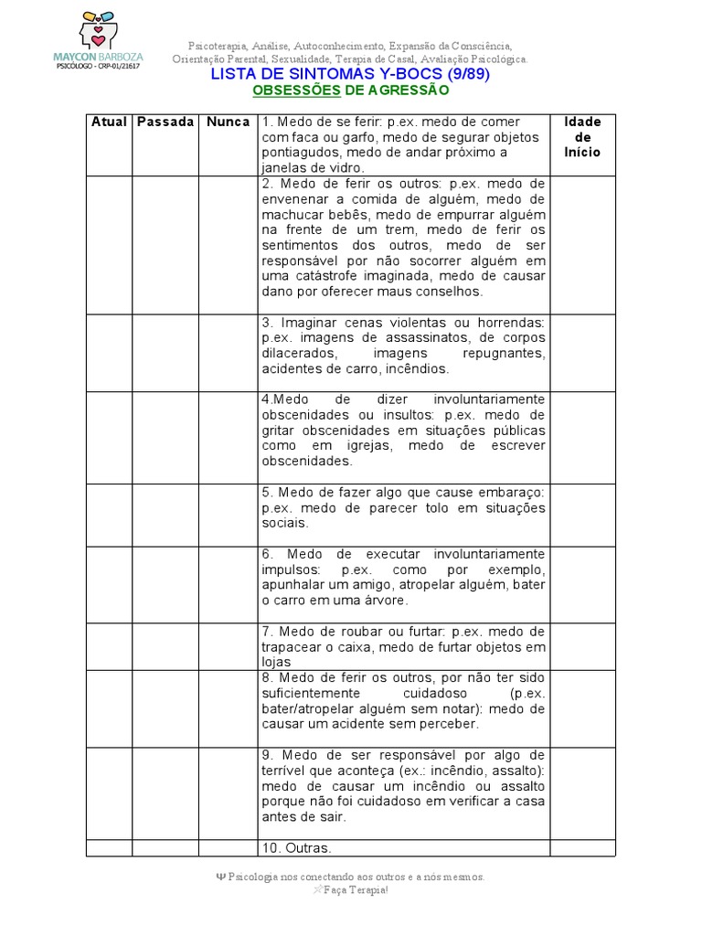 Escala Sintomas TOC | PDF | Pensamento | Transtorno obsessivo compulsivo (TOC)