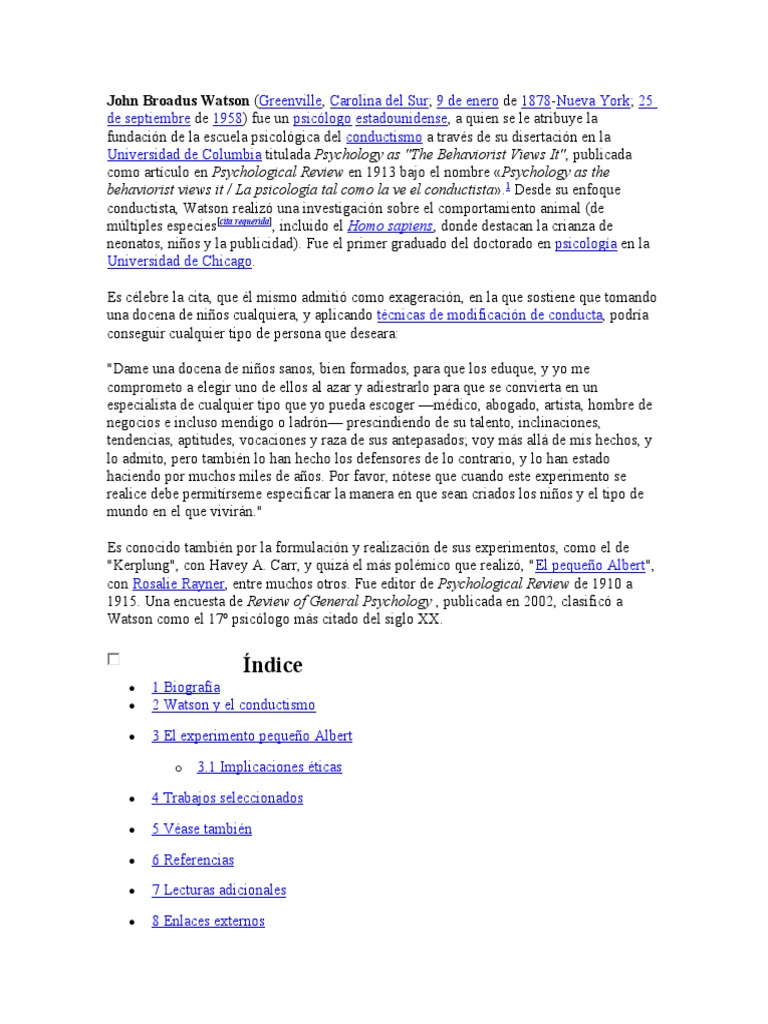 John B. Watson: Fundador del Conductismo | PDF | Ciencias del ...