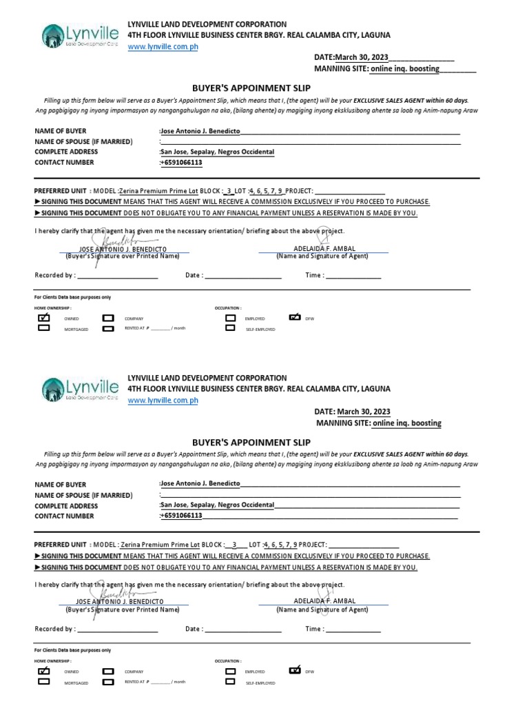 Lynville Buyer Appointment Form | PDF | Private Law | Real Property Law