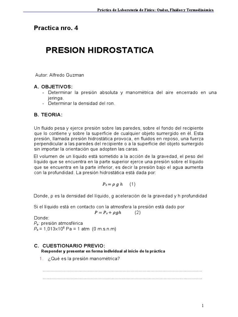 Practica 4 Presión Hidrostática Pdf Presión Líquidos
