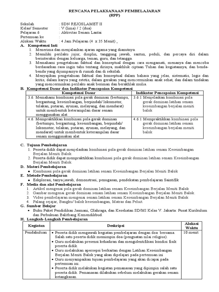 6 RPP Pjok Kelas 5 Aktivitas Senam Lantai KKG | PDF