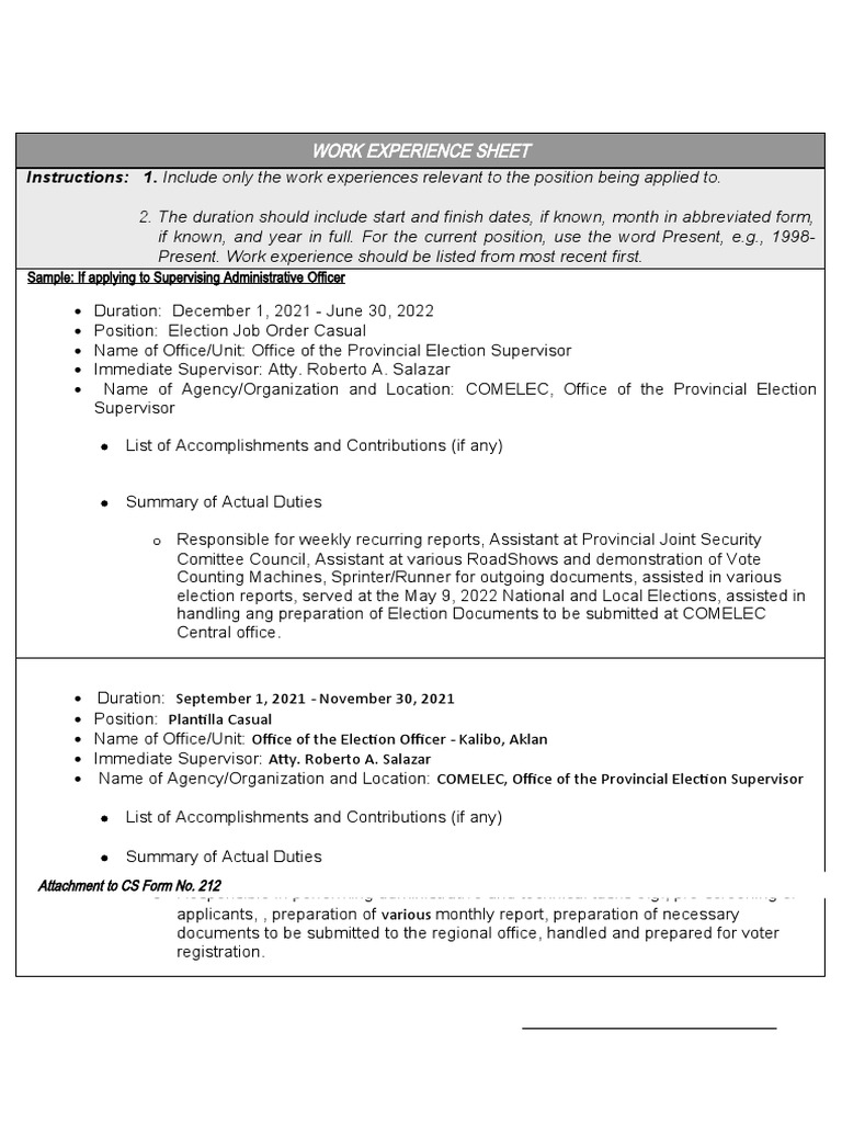 Work Experience Sheet: Instructions: 1. Include Only The Work ...