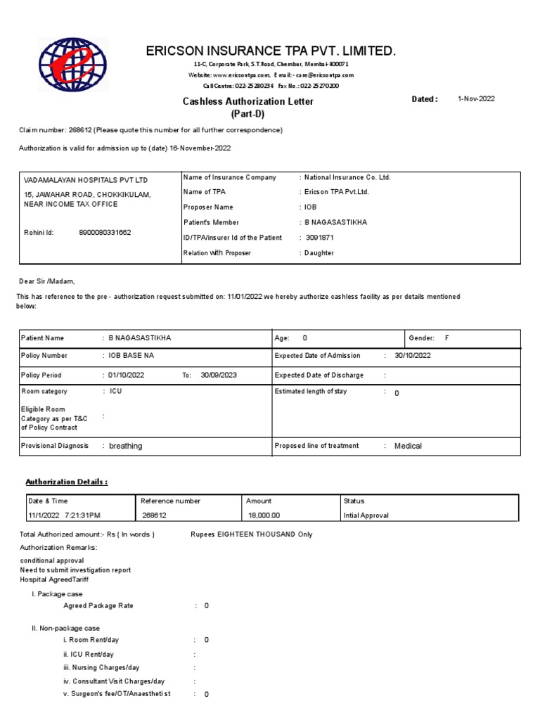 Ericson Insurance Tpa Pvt. Limited.: Cashless Authorization Letter ...