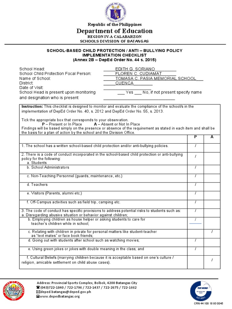 Child Protection Policy Checklist | PDF | Child Protection | Child Abuse