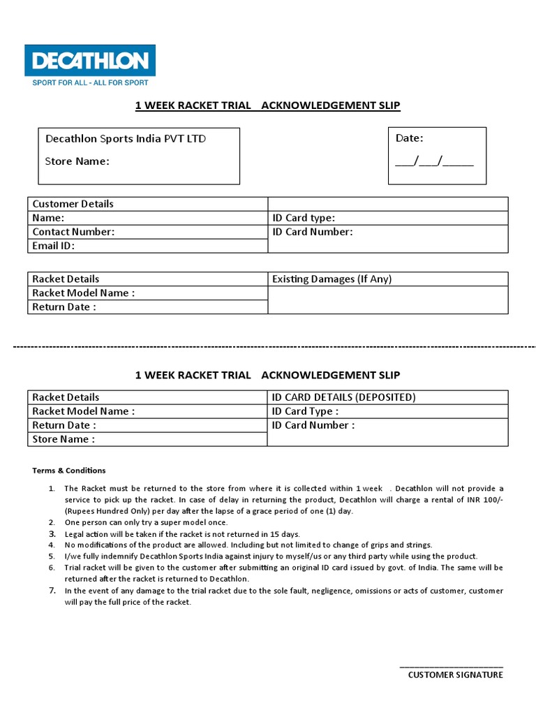 1 Week Racket Trial Acknowledgement Slip: Decathlon Sports India PVT ...