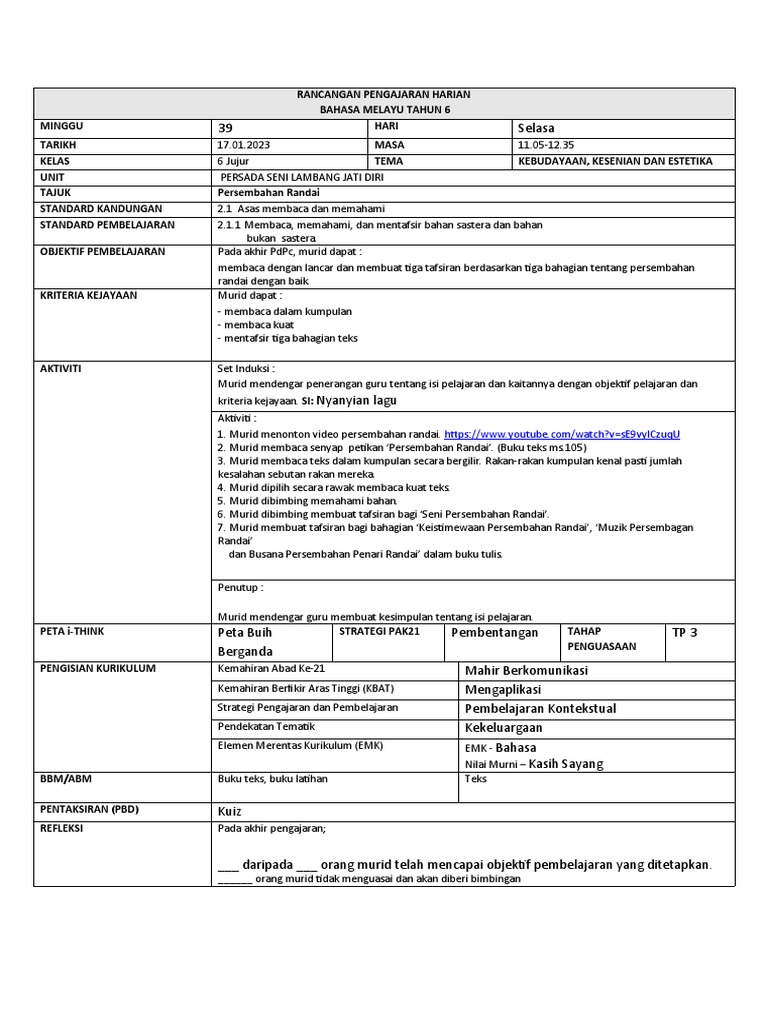 RPH Selasa m39 | PDF | Karier & Perkembangan | Kajian Bahasa Asing