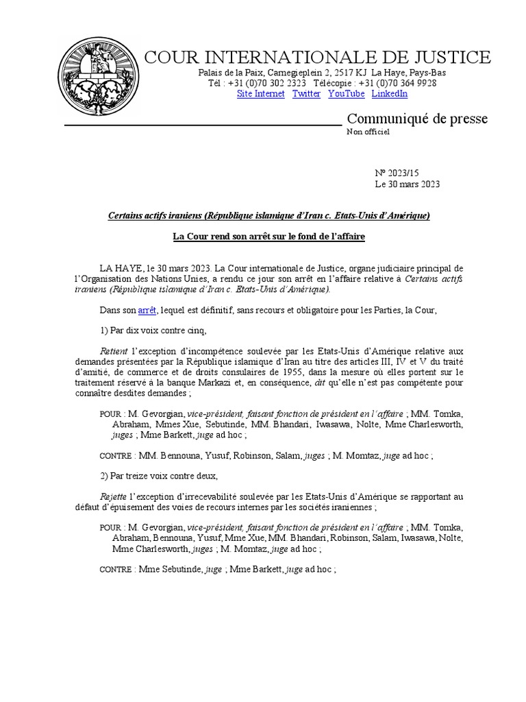 Communiqué de Presse Cour Internationale de Justice | PDF | Justice ...