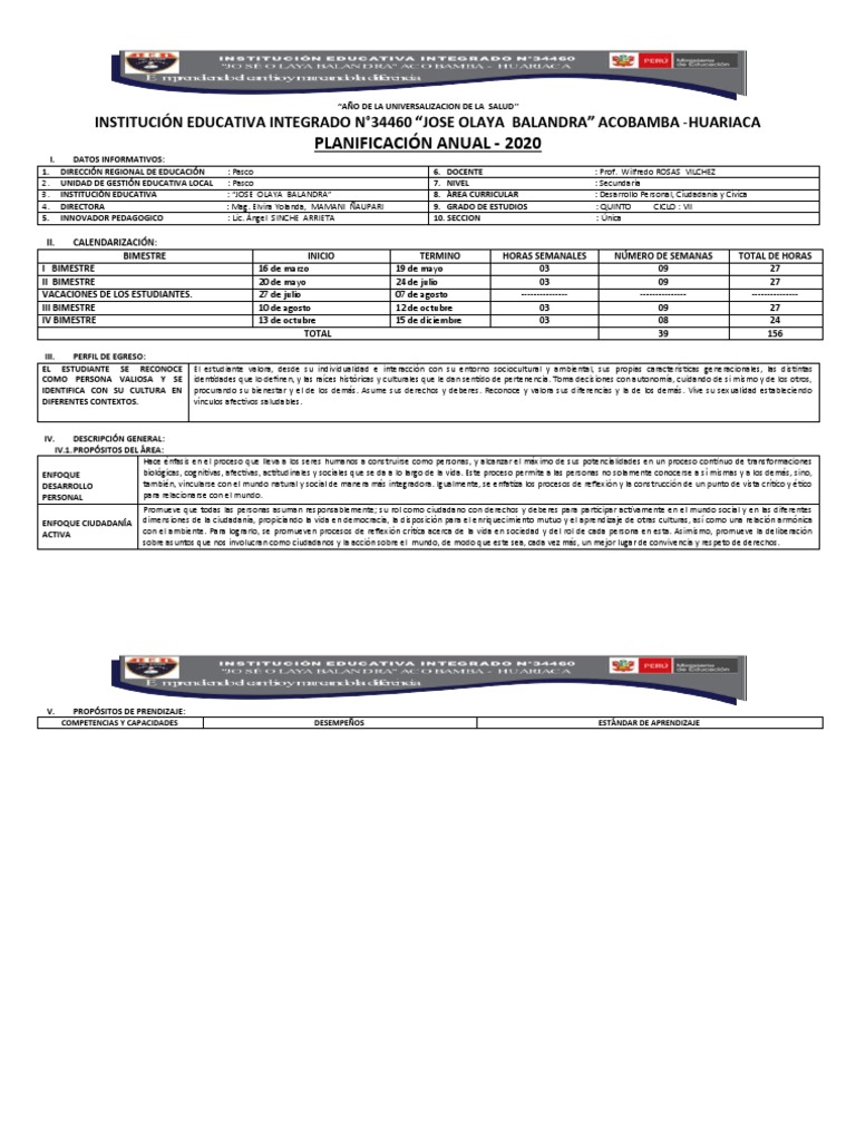 Planificación Anual 5to DPCC | PDF | Aprendizaje | Evaluación
