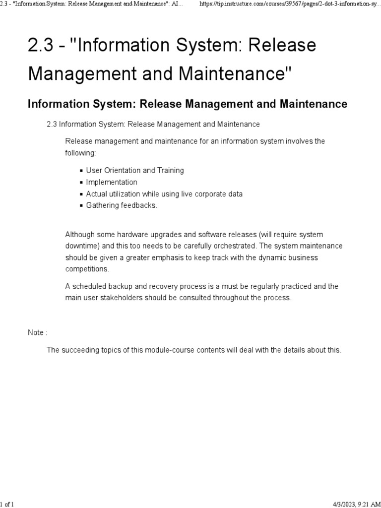 2.3 - Information System Release Management and Maintenance AIS 004-AIS32S1 - Information System ...