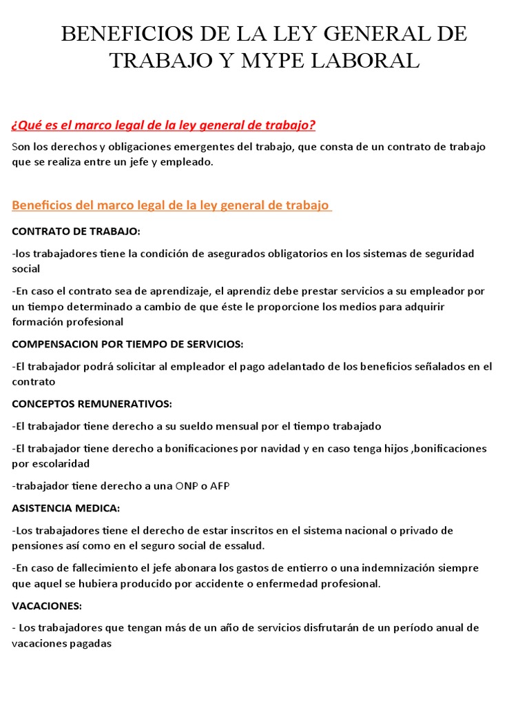 Beneficios Ley General de Trabajo y MYPE | PDF | Salario | Derecho laboral