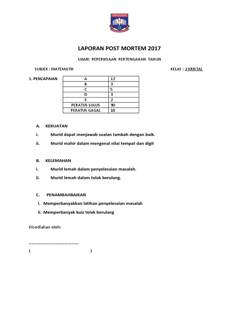 Laporan Post Mortem Ujian Matematik 2017 | PDF