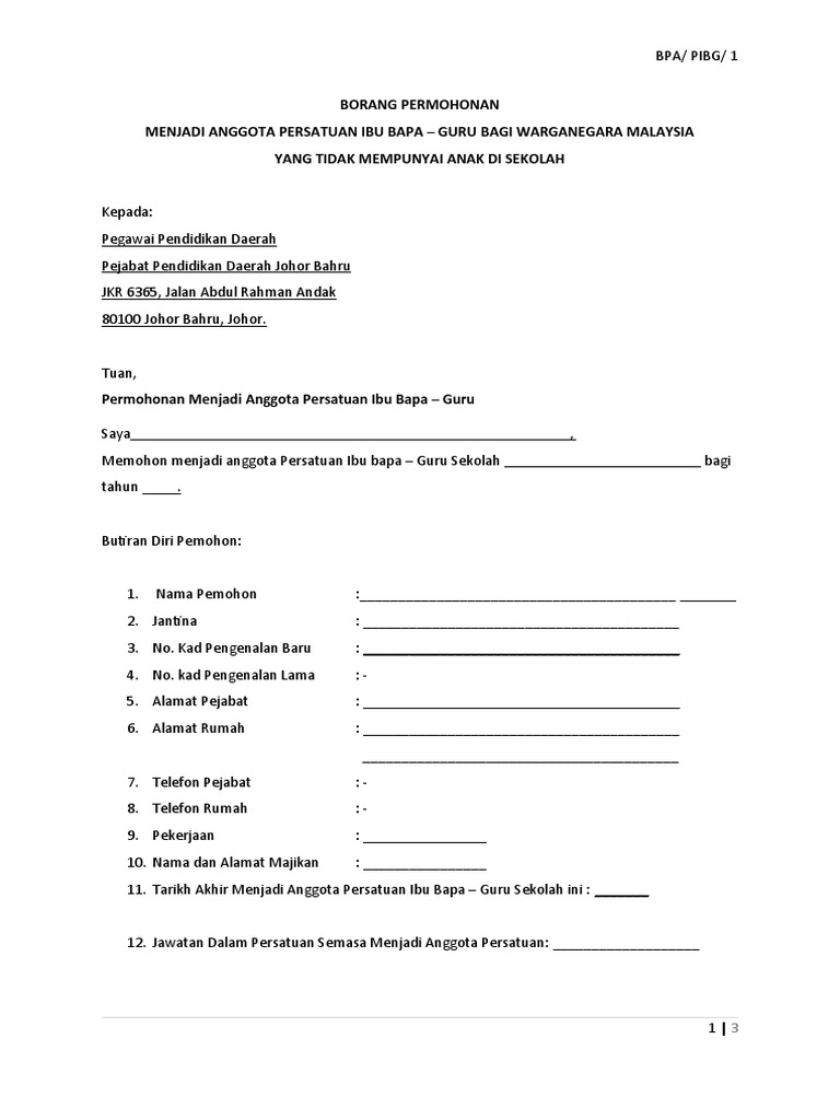 BORANG AHLI PIBG BPA PIBG Penuh | PDF