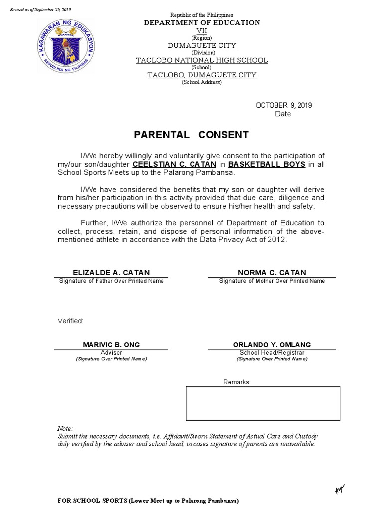 2020 Parents Consent Revised 2 1 | PDF | Affidavit | Civil Law (Common Law)