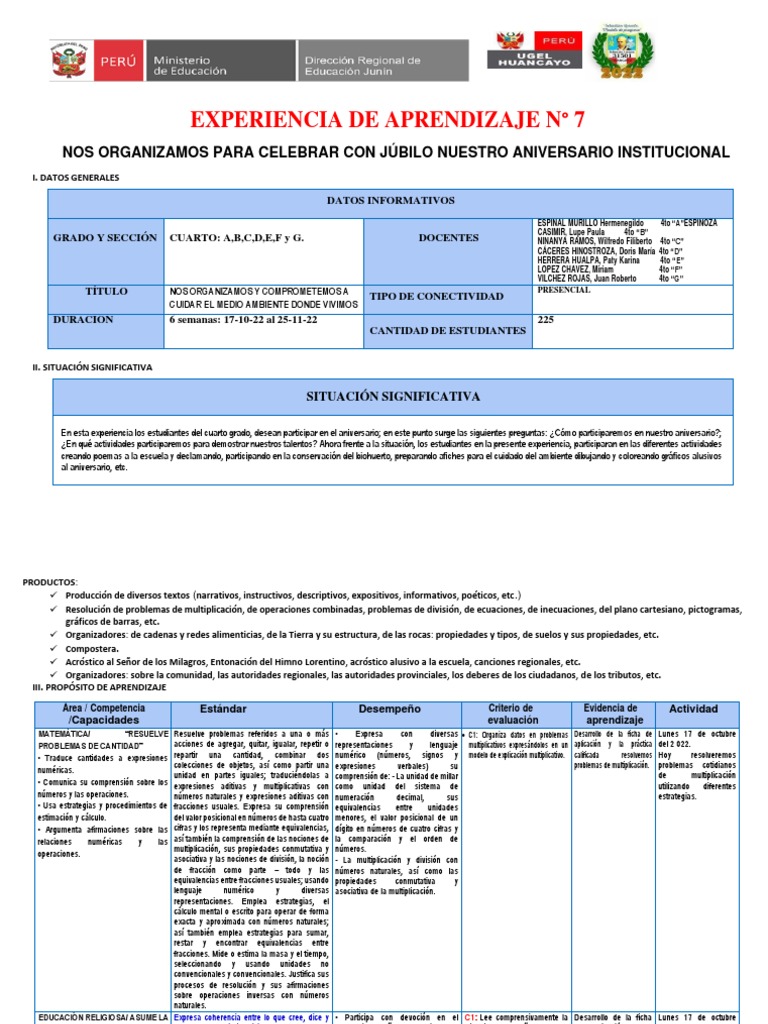 Experiencia de Aprendizaje N ° 7: Nos Organizamos para Celebrar Con Júbilo Nuestro Aniversario ...