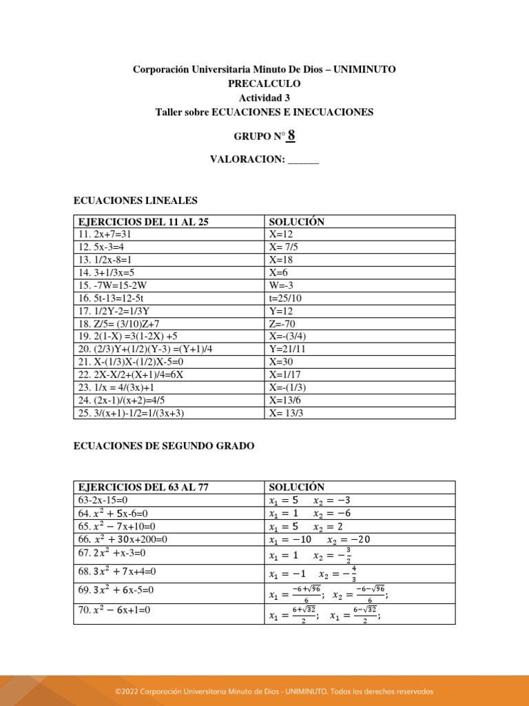 Act 3. Taller Ecuaciones e Inecuaciones 1er y 2do Grado Con 1 Incognita | PDF