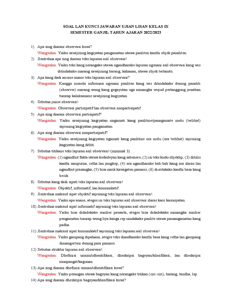 BAHASA JAWA - Soal Dan Jawaban Ujian Lisan Kelas 9 | PDF