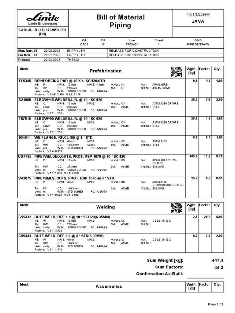 Bill of Material Piping: Linde Engineering | PDF | Mechanical Engineering