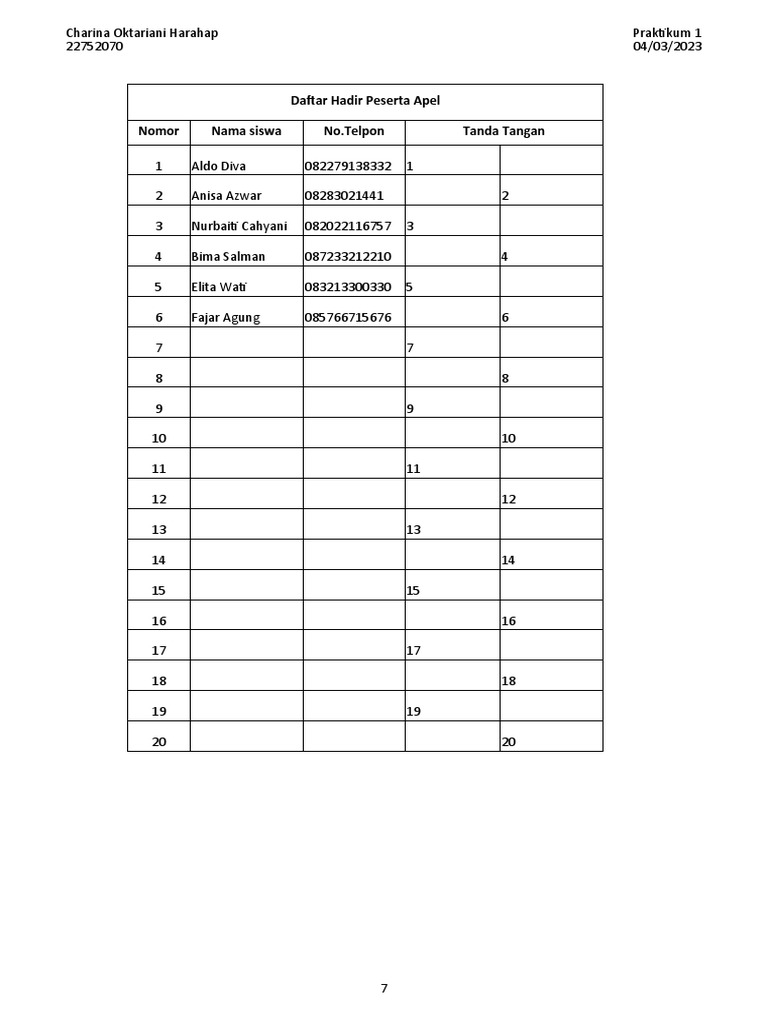 Daftar Hadir Peserta Apel Nomor Nama Siswa No - Telpon Tanda Tangan | PDF
