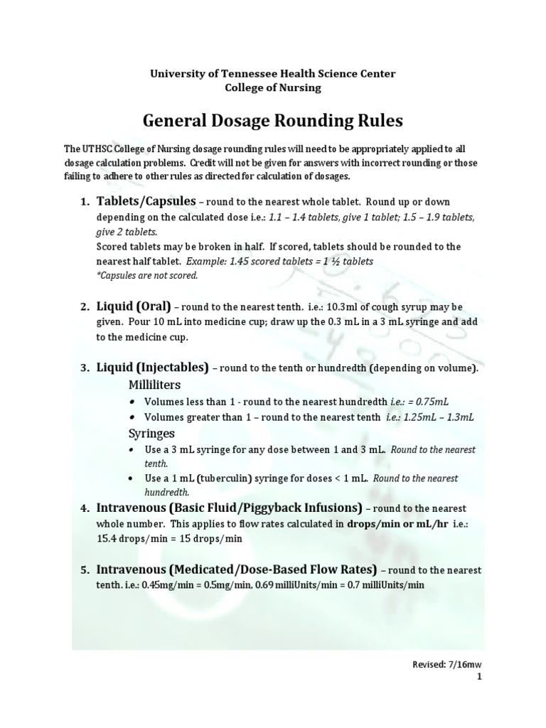 General Dosage Rounding Rules | PDF | Chemistry | Dose (Biochemistry)