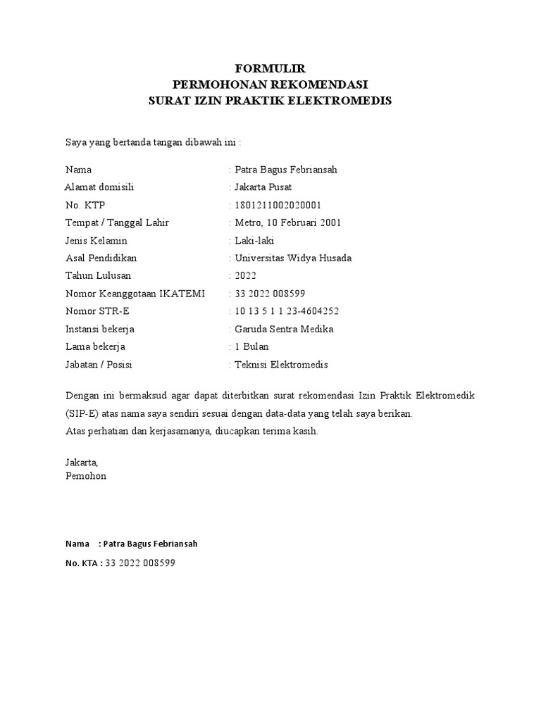 Formulir Permohonan Rekomendasi Surat Izin Praktik Elektromedis | PDF