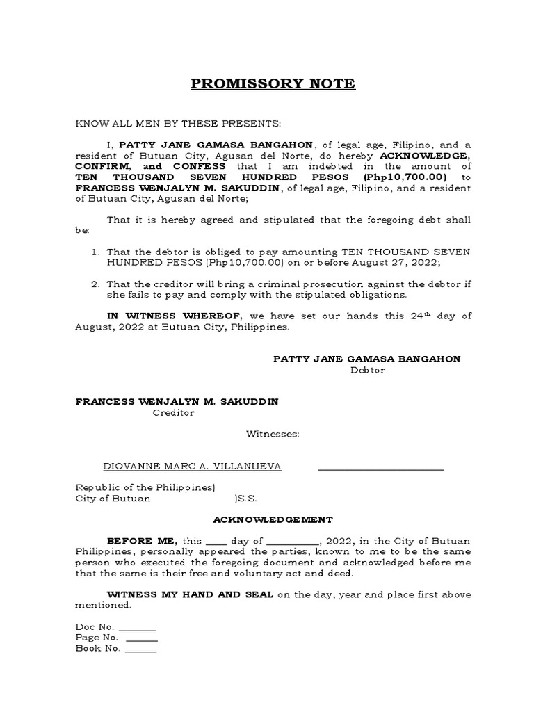 Promissory Note Agreement Between Patty Jane Gamasa Bangahon and ...