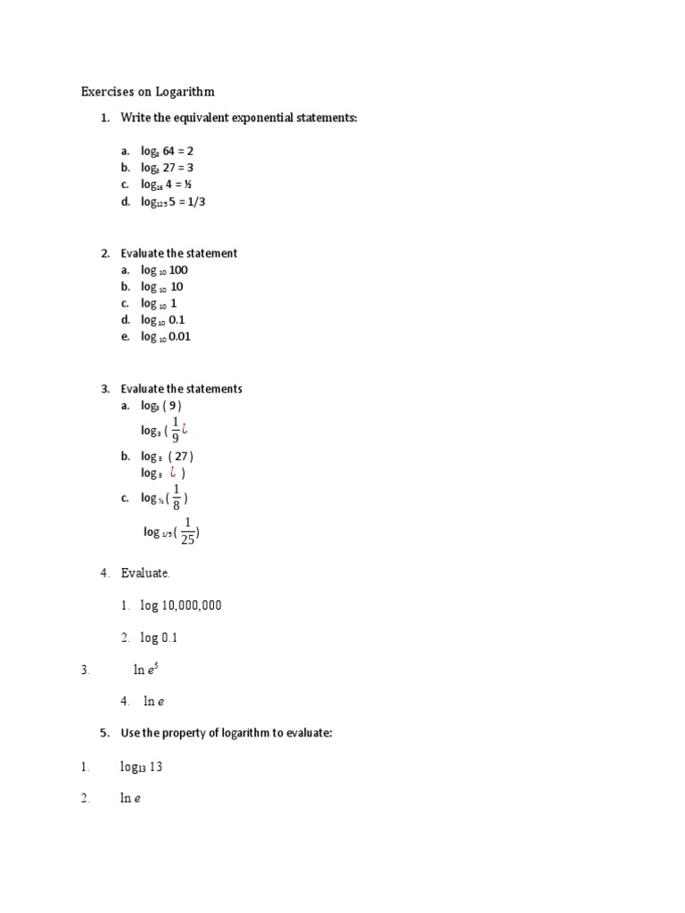 Exercises On Logarithm | PDF