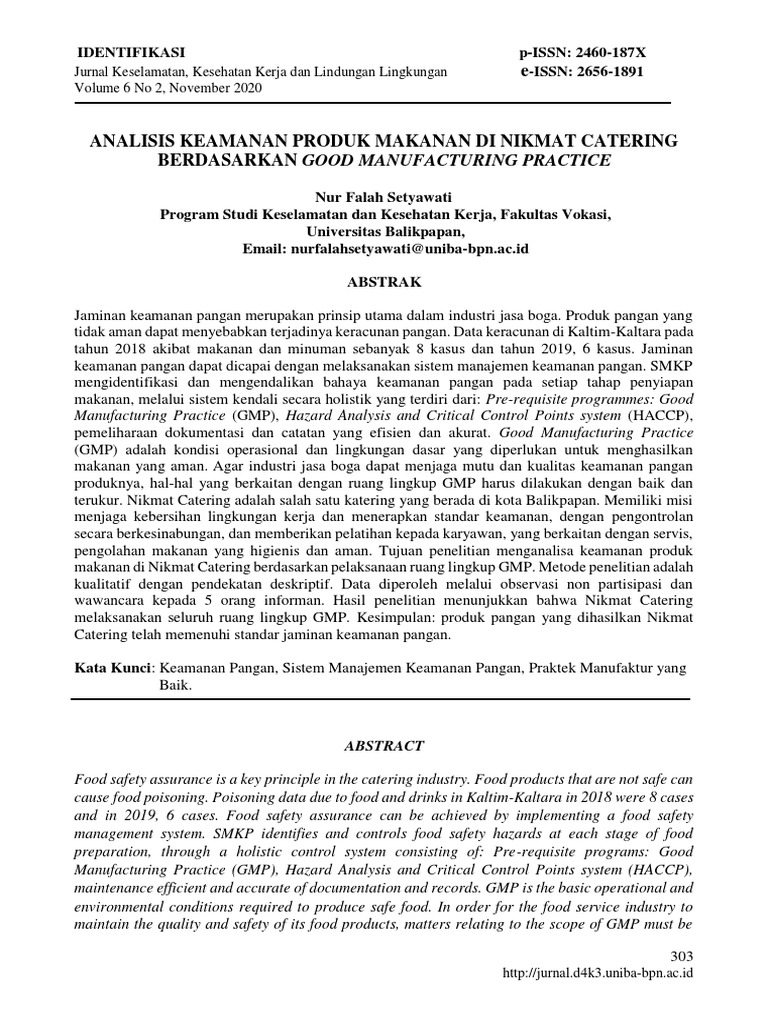 Analisis Keamanan Produk Makanan Di Nikmat Catering Berdasarkan Good ...