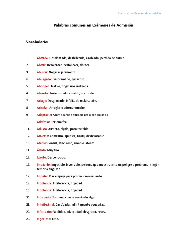 Palabras Comunes en Exámenes de Admisión | PDF