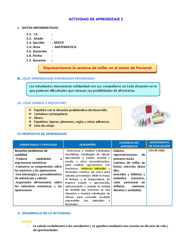 D2 A1 SESION MAT. Representamos Nmeros Hasta La Centena de Millar | PDF | Evaluación | Lexicología