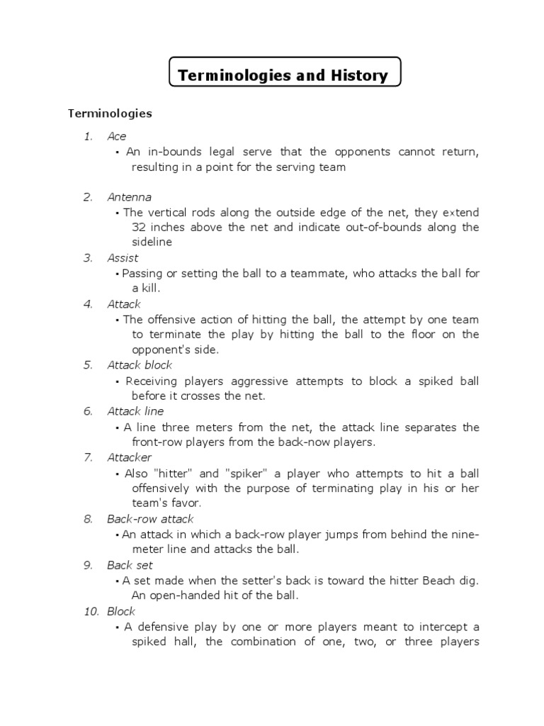 Terminologies and History VOLLEYBAL | PDF | Volleyball | Baseball Field