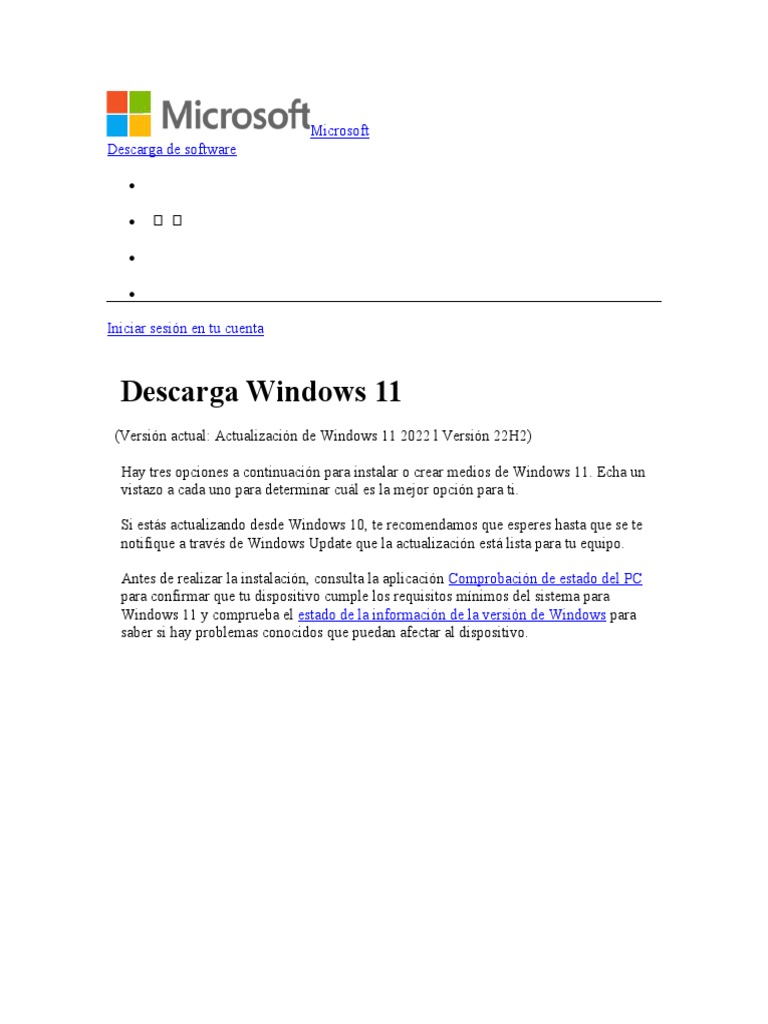 Descarga Windows 11: Microsoft Descarga de Software | PDF