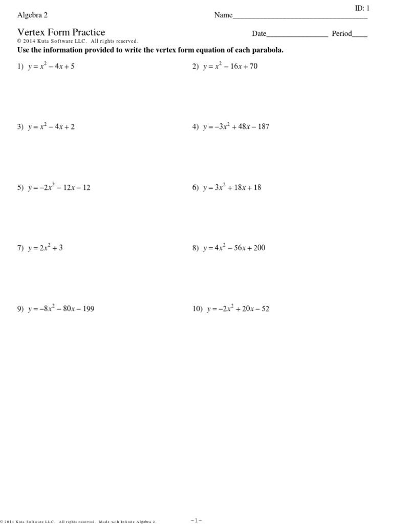 Algebra 2 Vertex Form Practice PDF | PDF | Vertex (Graph Theory ...