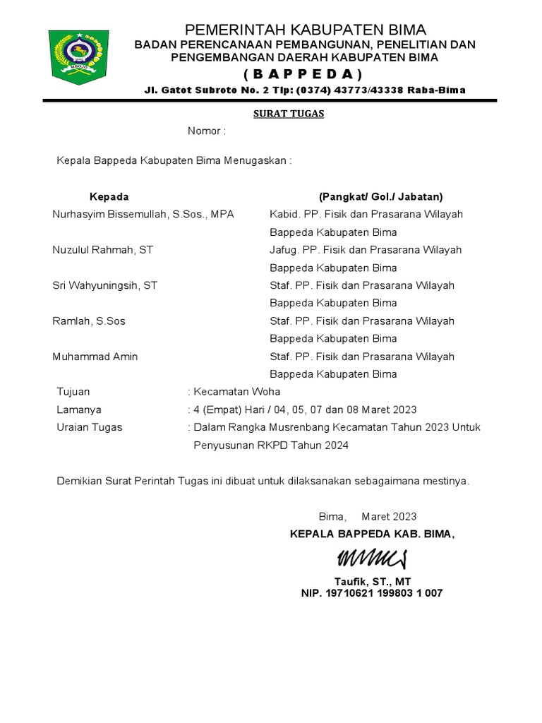 Surat Tugas Bappeda Kabupaten Bima | PDF