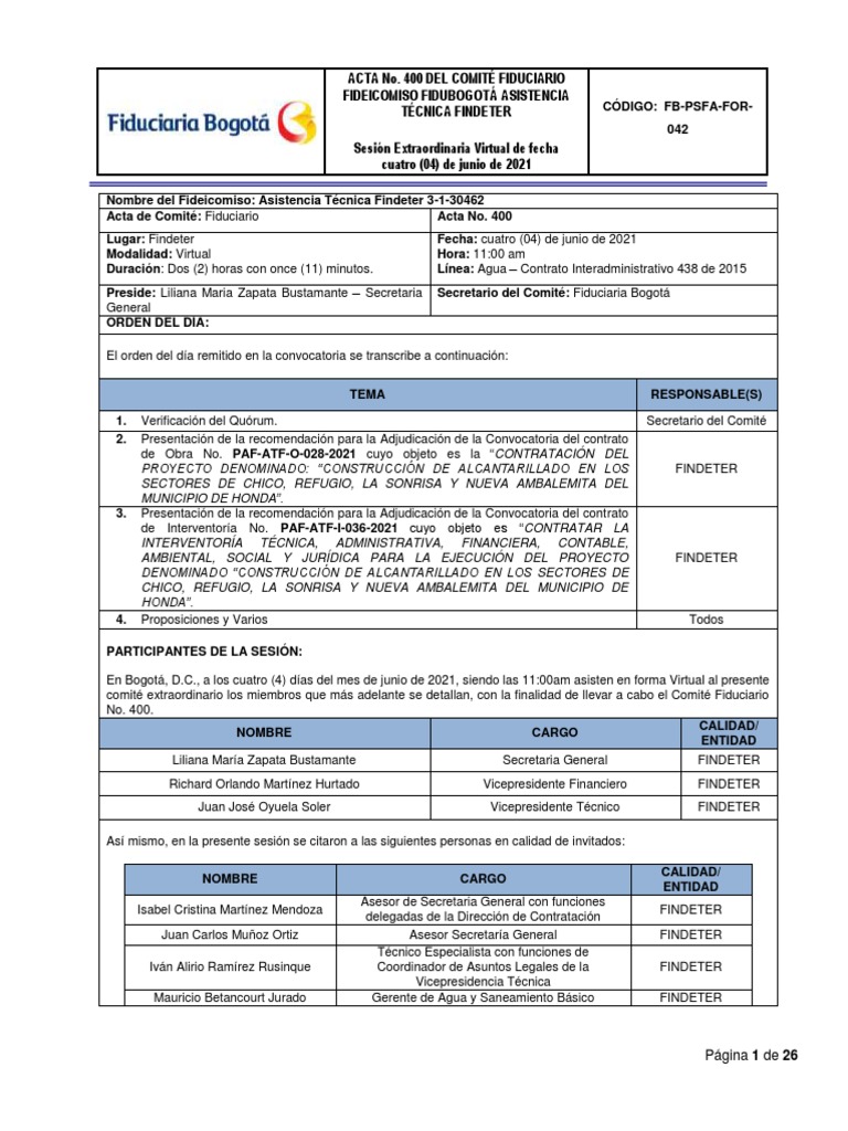 Acta 400 Comité Fiduciario Findeter | PDF | Ley de fideicomiso ...
