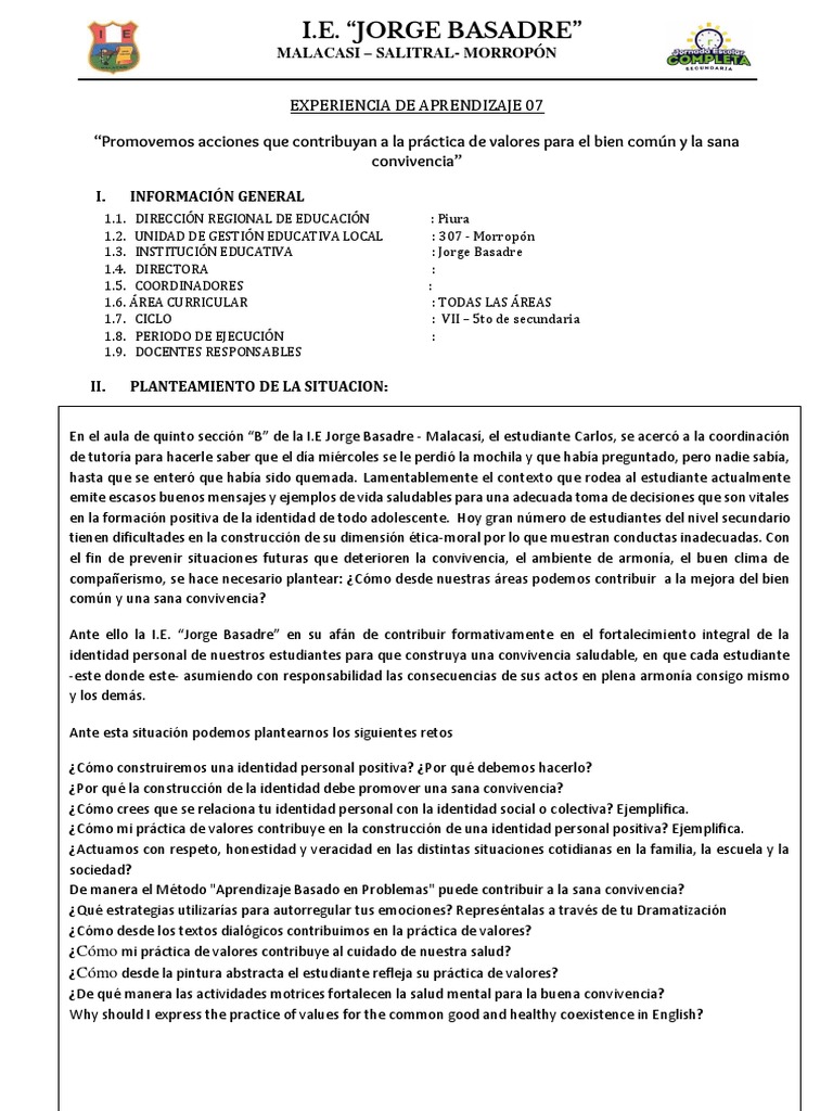 Experiencia de Aprendizaje en I.E. Jorge Basadre | PDF | Estadísticas | Investigación cuantitativa