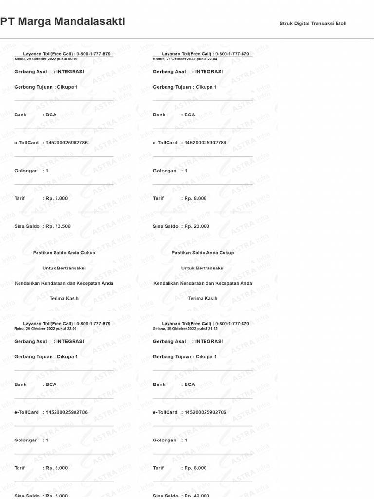 Struk Transaksi ASTRA Infra Toll Road - 203589 | PDF