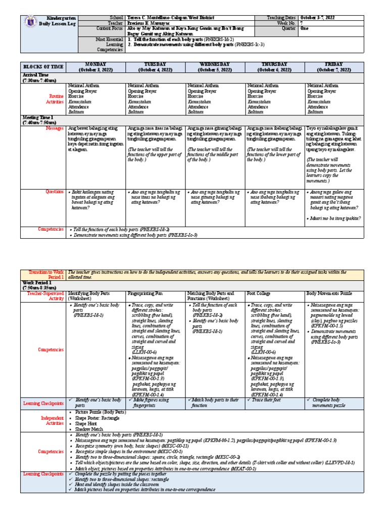 Body Parts Lesson Plan for Kindergarten | PDF | Learning | Teachers