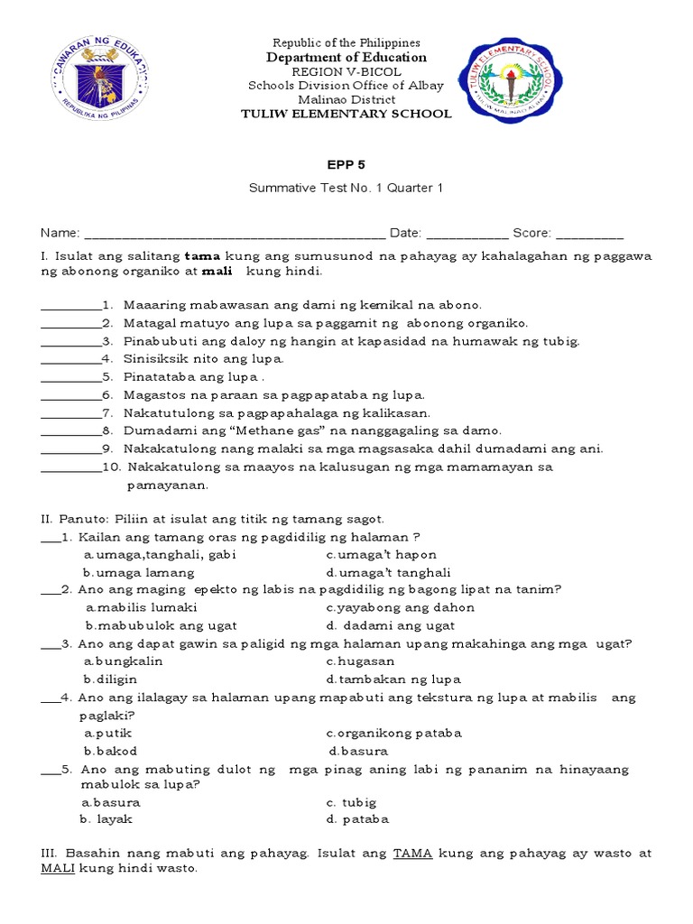 Grade 5 Summative Test in EPP Modules 1-3 | PDF