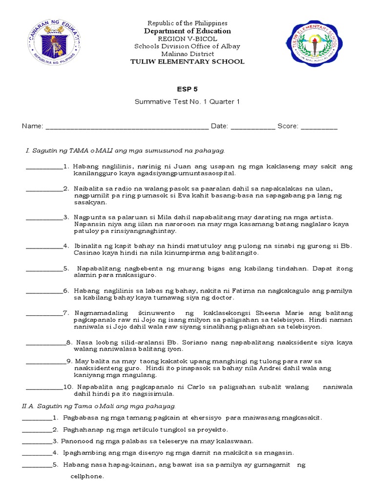 Grade 5 Summative Test in ESP Modules 1-3 | PDF