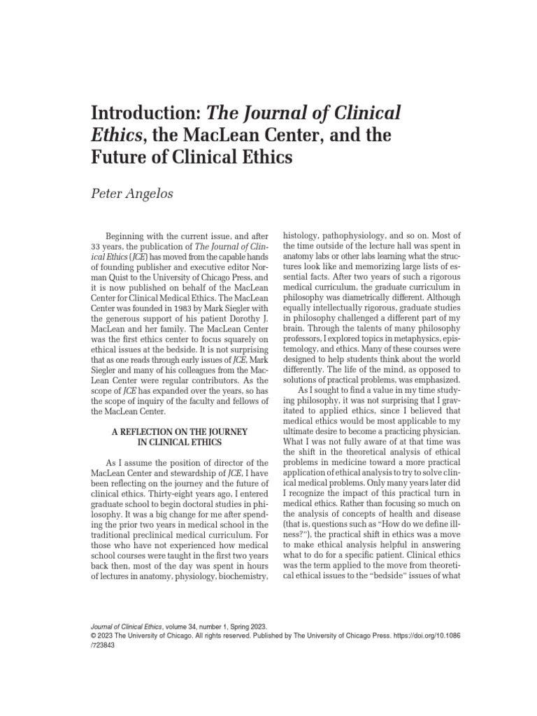 Introduction: The Journal of Clinical Ethics, The Maclean Center, and ...