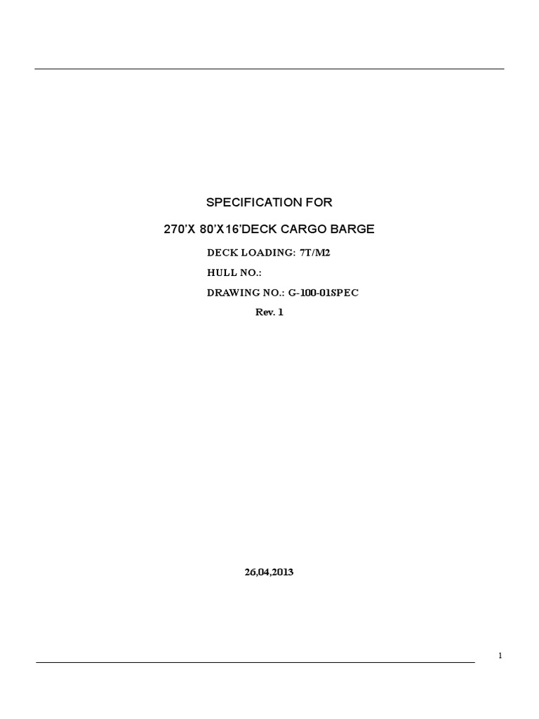Specification For 270'X 80'X16'DECK CARGO BARGE: Deck Loading: 7T/M2 ...