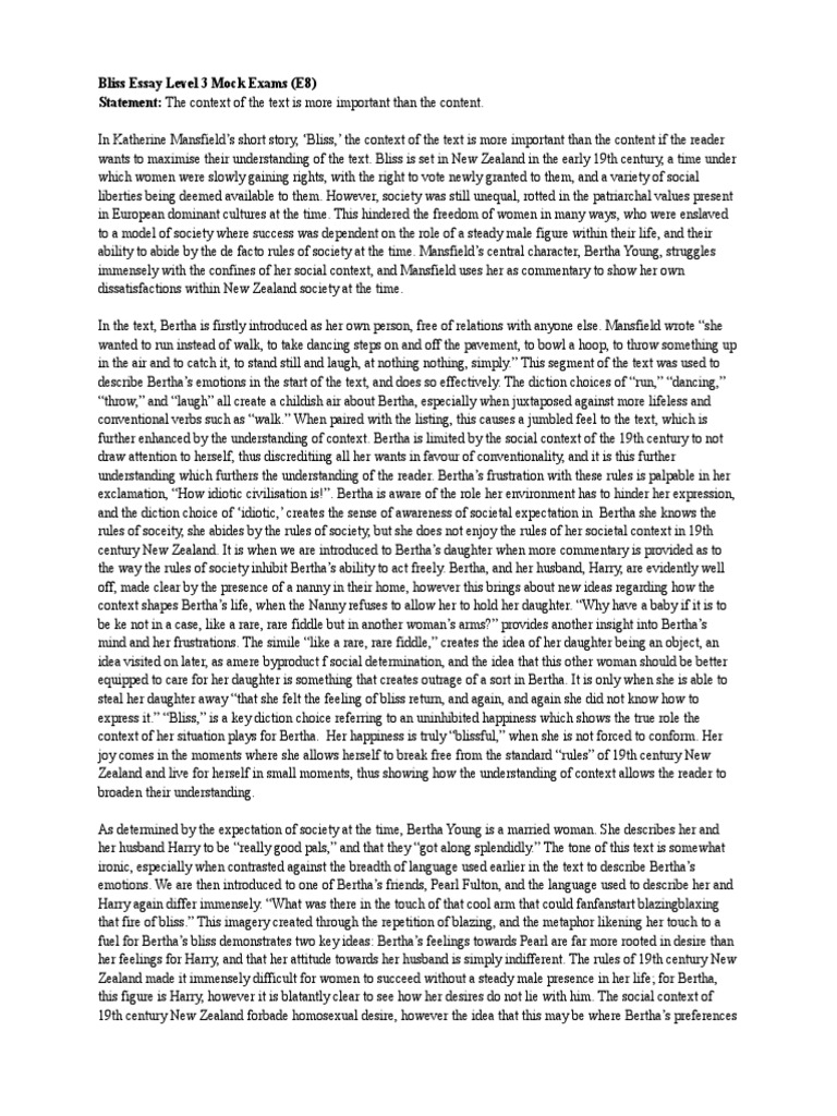 Level 3 English Mock Essay - Bliss - Katherine Mansfield | PDF ...