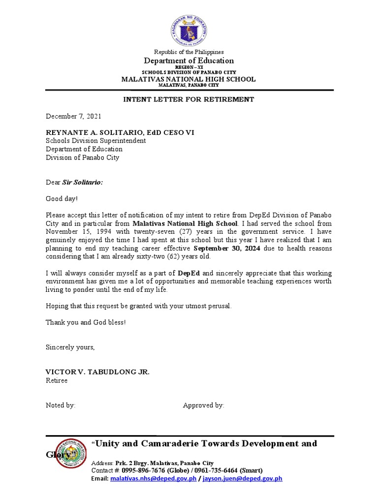 Intent Letter For Retirement - Victor Tabudlong | PDF