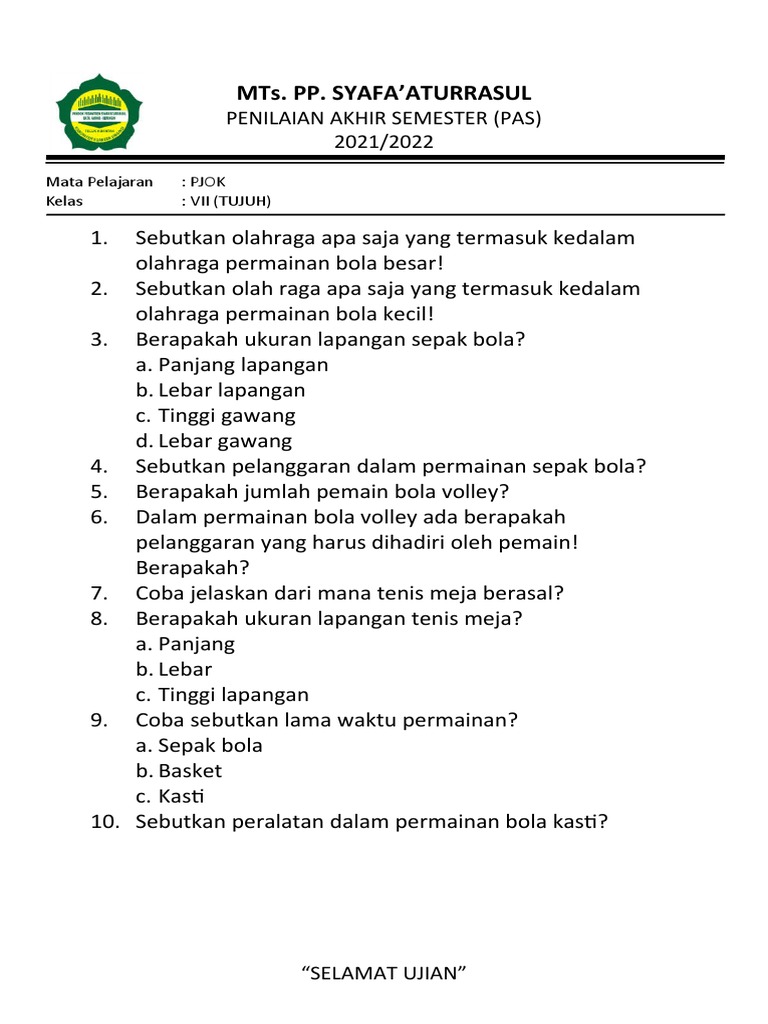 Soal Pjok Kelas 7 | PDF | Olahraga & Rekreasi | Game & Aktivitas