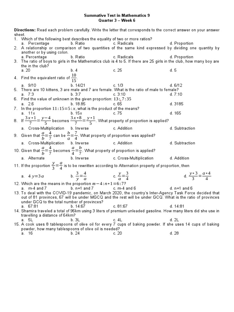 Ratio and Proportion Test for Grade 9 | PDF | Ratio | Arithmetic